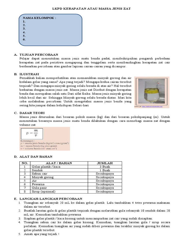 LKPD Kerapatan Atau Massa Jenis Zat | PDF