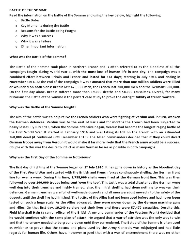Battle of The Somme Lesson 1 | PDF | Battle Of The Somme | Trench Warfare