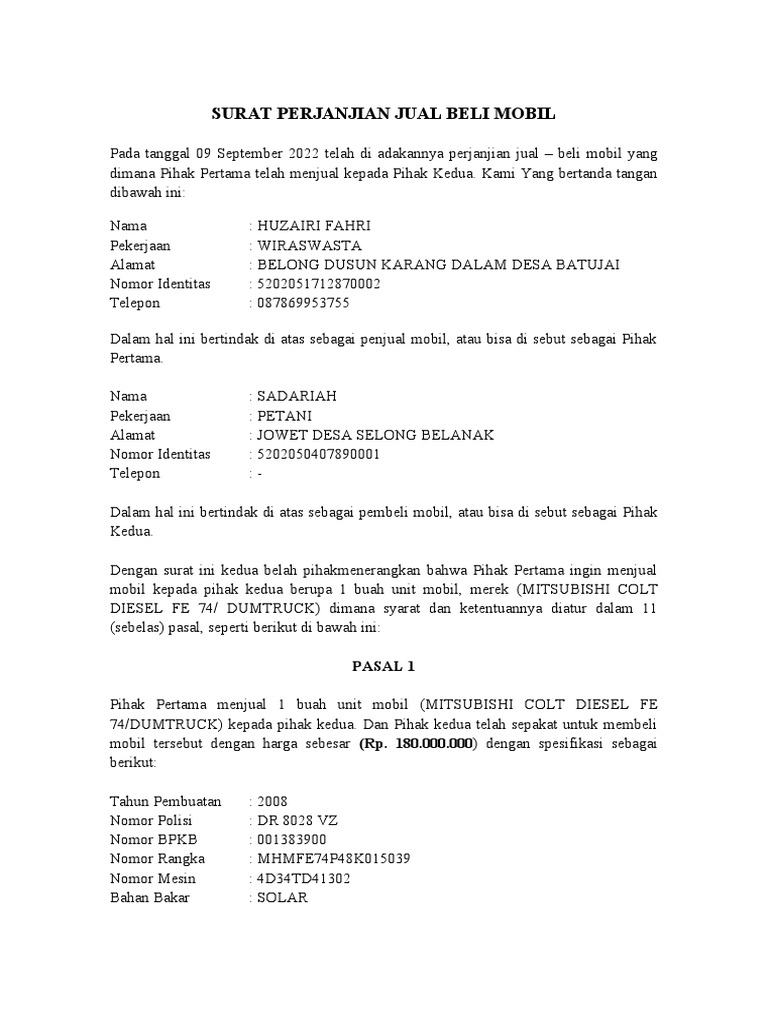 Template Surat Perjanjian Jual Beli Mobil Dan Truk | PDF