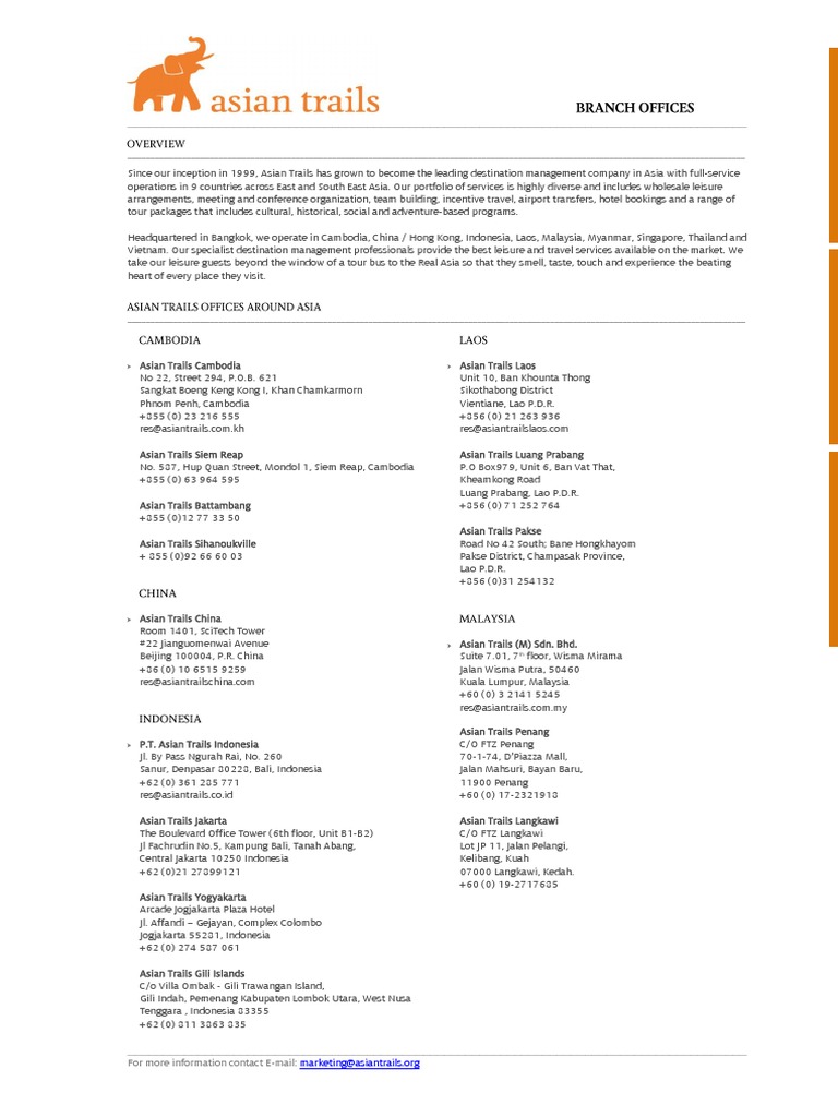 Asian Trails Group - Branch Offices Overview | PDF | Laos | Cambodia