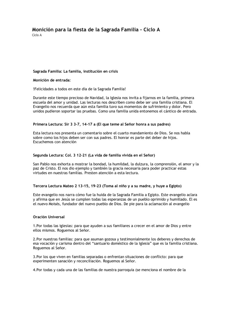 Monición para La Fiesta de La Sagrada Familia | Descargar gratis PDF ...