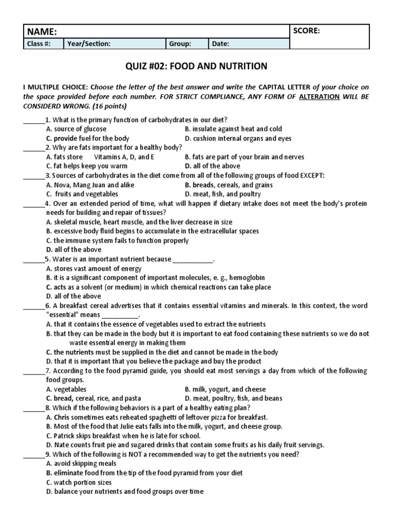 Health 7 2nd Quiz #02 Food and Nutritionn | PDF | Foods | Human Nutrition