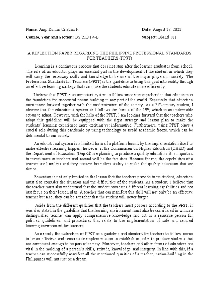 BioEd Reflection Paper | PDF | Teachers | Learning