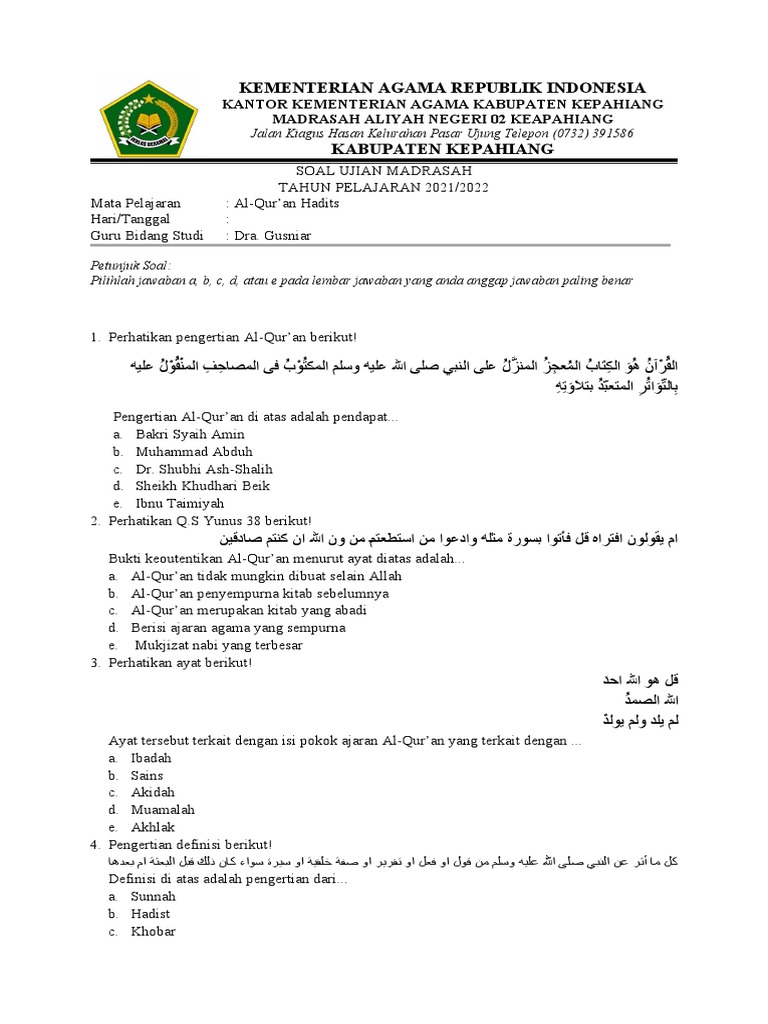 Soal Ujian Al-Qur’an Hadits 2021/2022 | PDF