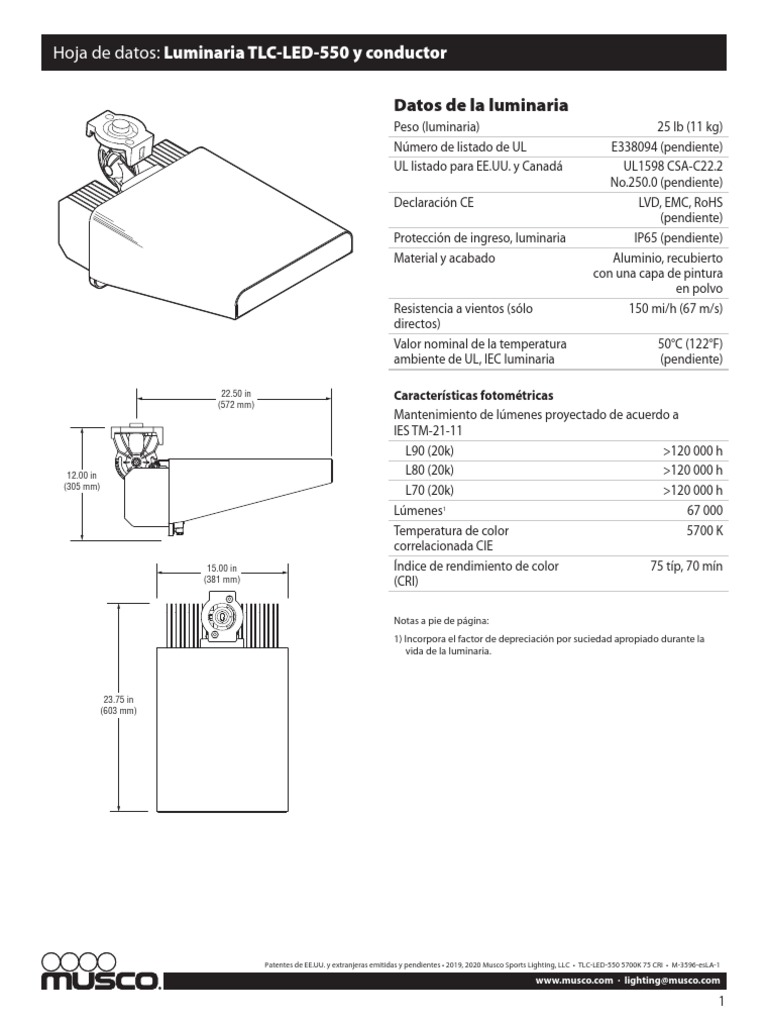 Ficha Tecnica Musco TLC-LED-550 5700K 75 CRI | PDF