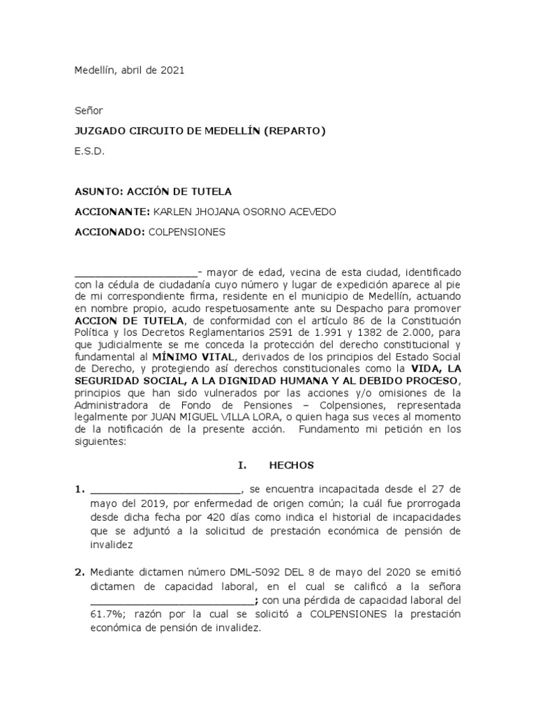 Acción de tutela por pensión de invalidez | PDF | Derecho ...