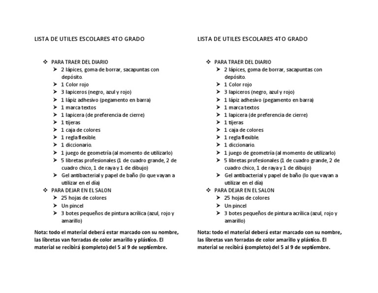 Lista de Utiles Escolares 4to Grado | PDF | Lápiz | Implementos de ...