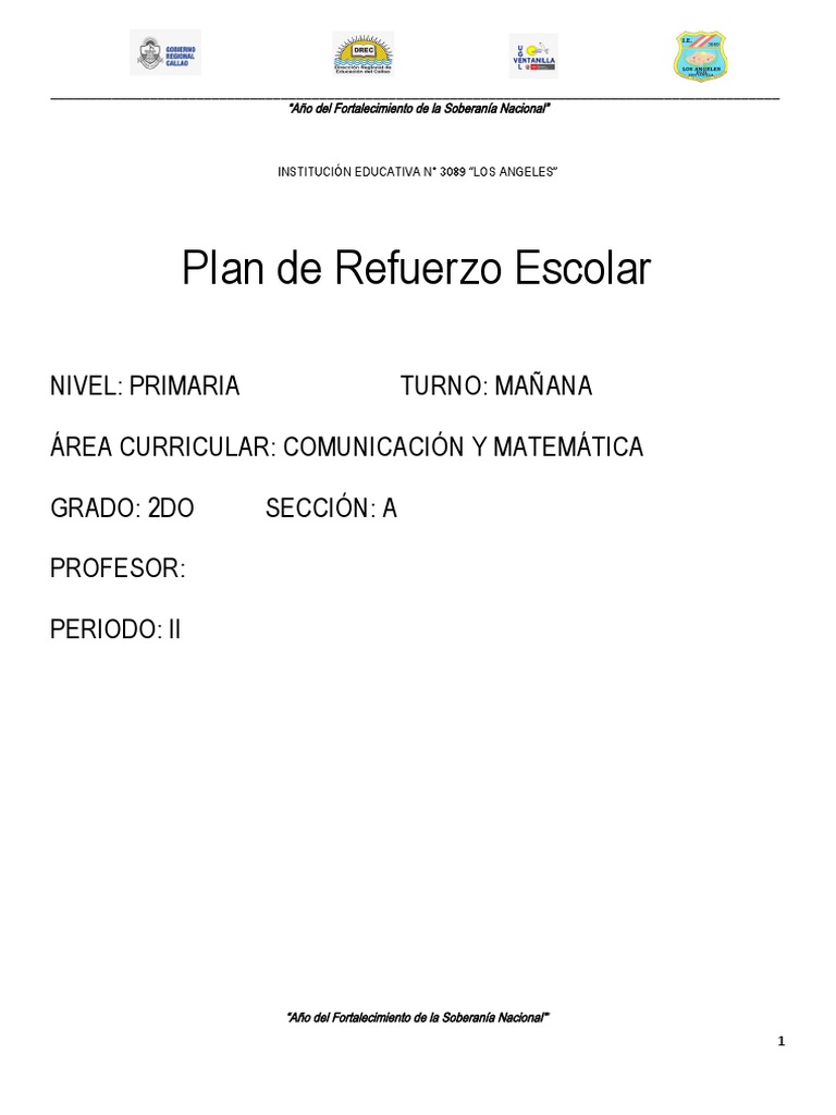 Plan de Refuerzo Escolar para mejorar los aprendizajes en Comunicación y Matemática de ...