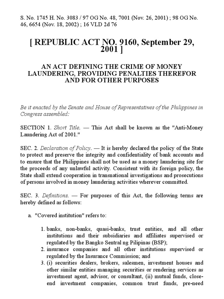 R.A. 9160 - Anti-Money Laundering Act of 2001 | PDF | Asset Forfeiture ...