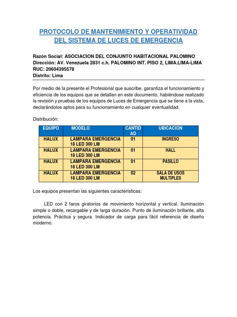 Protocolo de Mantenimiento y Operatividad Del Sistema de Luces de Emergencia | PDF