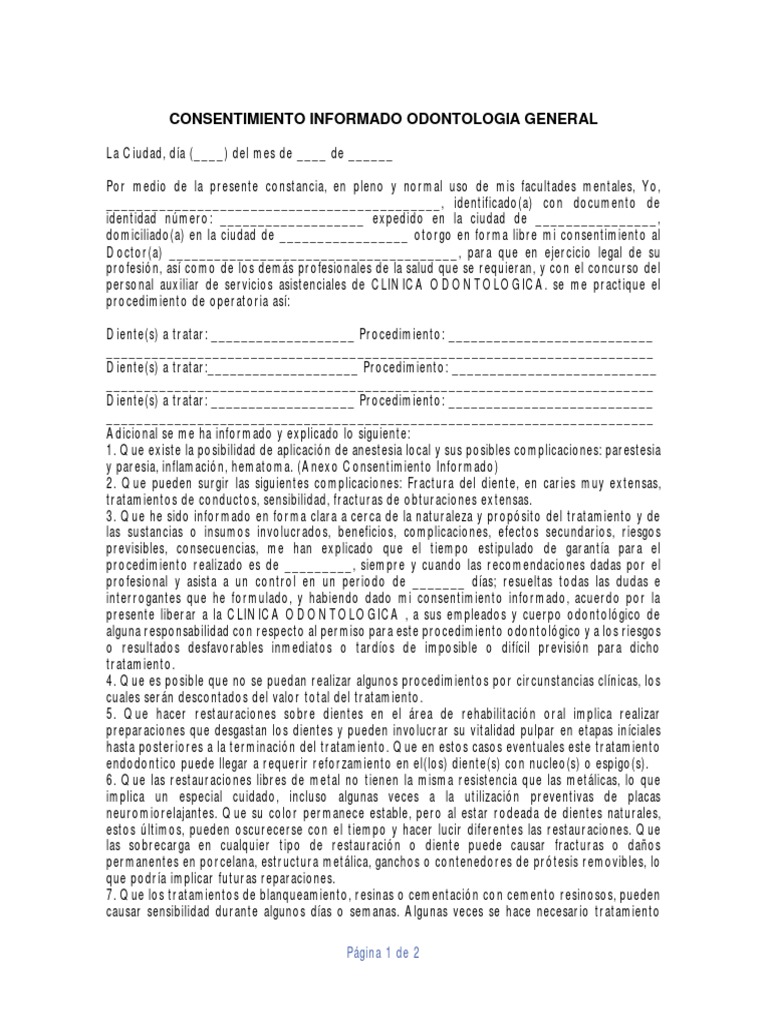 Consentimiento Informado Odontologia General | PDF | Odontología | Dentadura postiza