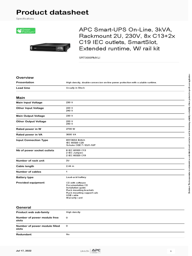 Smart-UPS On-Line - SRT3000RMXLI | PDF | Ac Power Plugs And Sockets | Mains Electricity