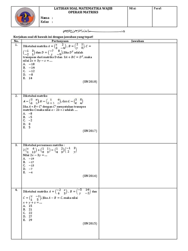 Latihan Soal Operasi Matriks | PDF | Sains & Matematika