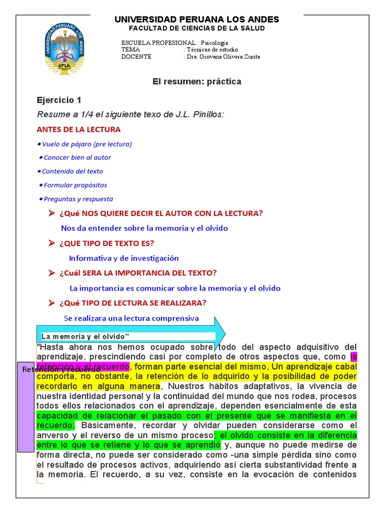 Ejercicios de Resumen | PDF | Memoria | Aprendizaje