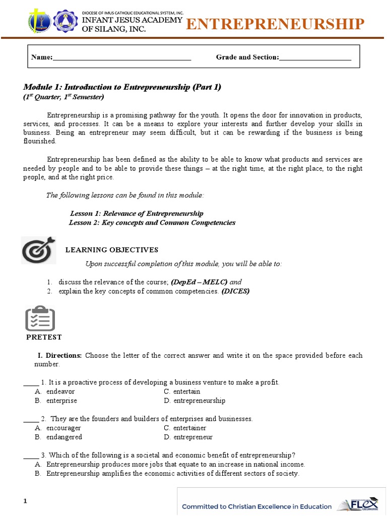 Q1 Module 1 Entrepreneurship 12 | PDF | Entrepreneurship | Learning
