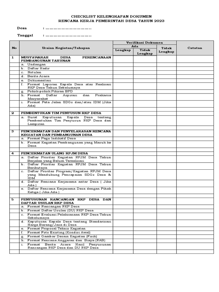 Checklist Final Verifikasi Kelengkapan Dokumen RKP Desa | PDF