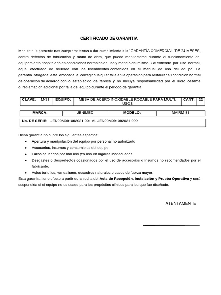 M-91 Certificado de Garantia | PDF
