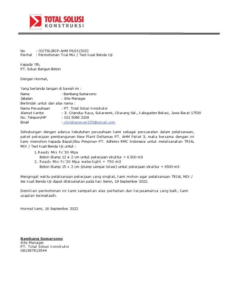 Surat Permohonan Trial Mix-Test Kuat Benda Uji | PDF