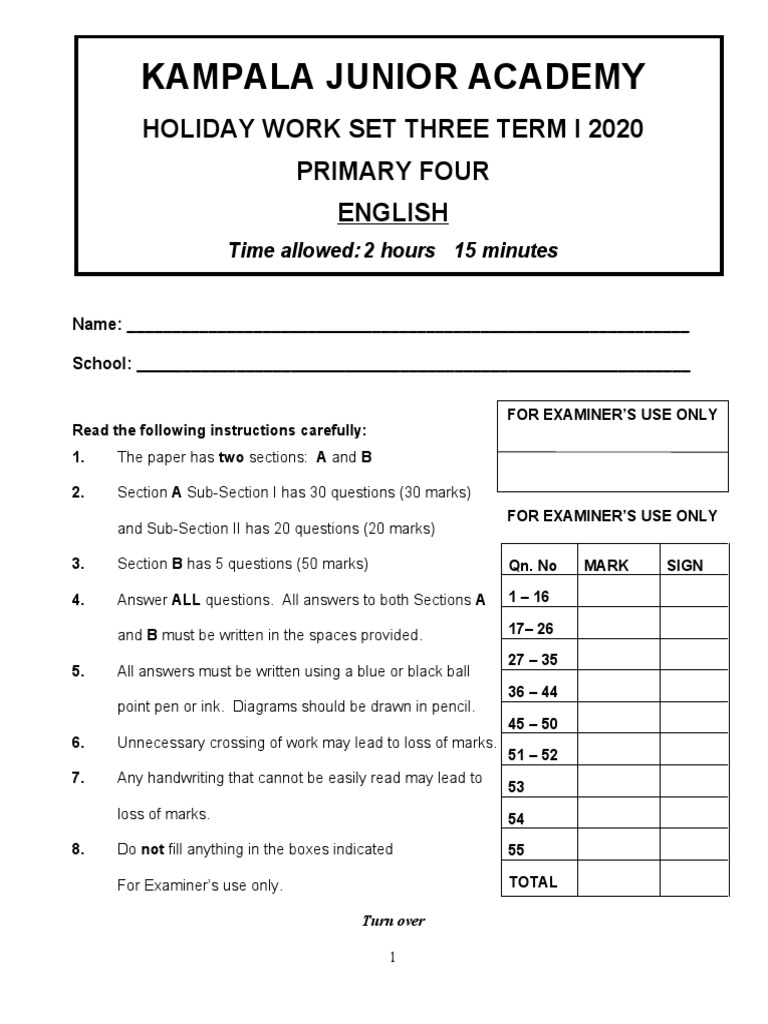 Primary Four English Holiday Exam Term 1 | PDF