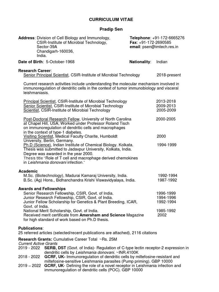 CURRICULUM VITAE Pradip Sen4 | PDF | Immune System | Dendritic Cell