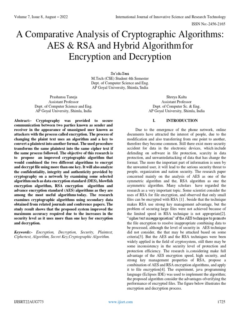 A Comparative Analysis Of Cryptographic Algorithms Aes And Rsa And Hybrid Algorithmfor Encryption