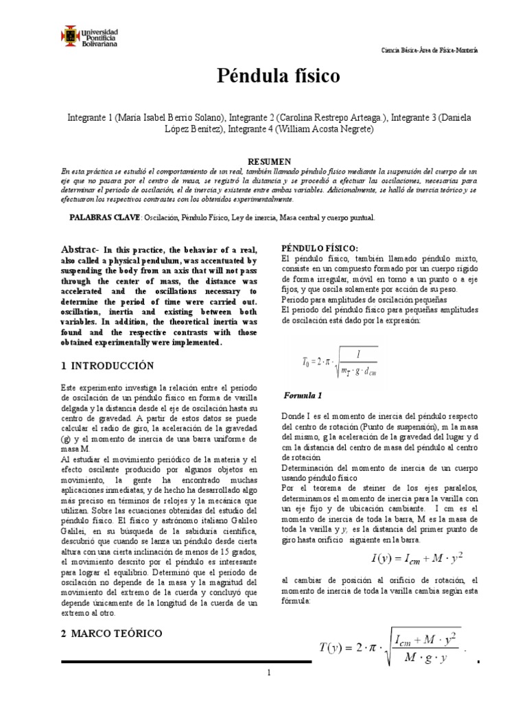 PÉNDULO FÍSICO: PERIODO DE OSCILACIÓN Y MOMENTO DE INERCIA | PDF | Péndulo | Masa