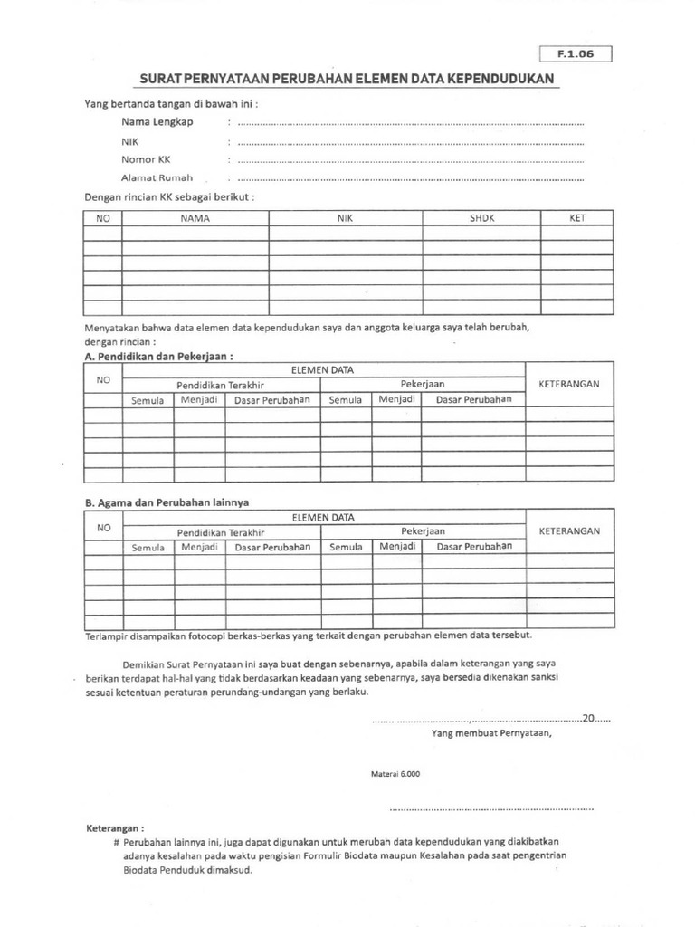 Form Perubahan Elemen Data KK Dan Akte | PDF