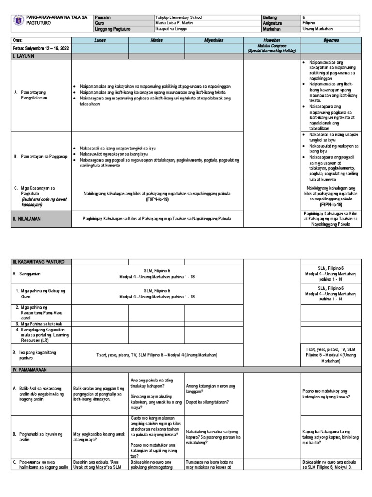 Filipino 6 - DLP - Q1-Week 4 | PDF