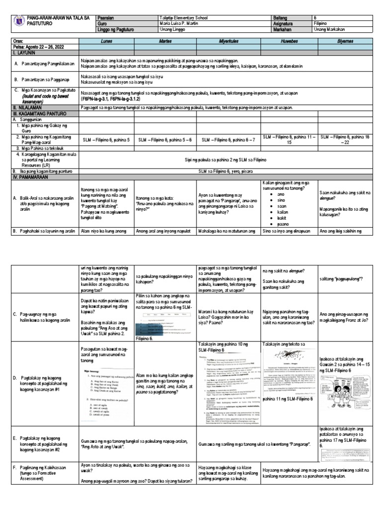 Filipino 6 - DLP - Q1-Week 1 | PDF