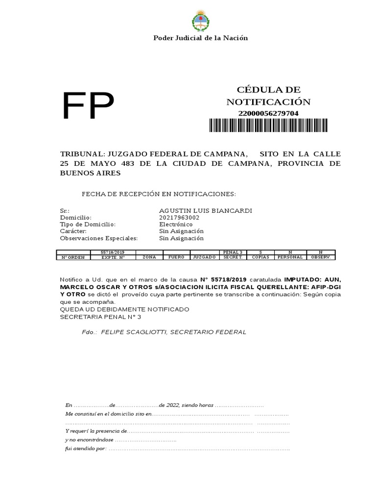 Cédula de Notificación | PDF | Ley procesal | Separación de poderes