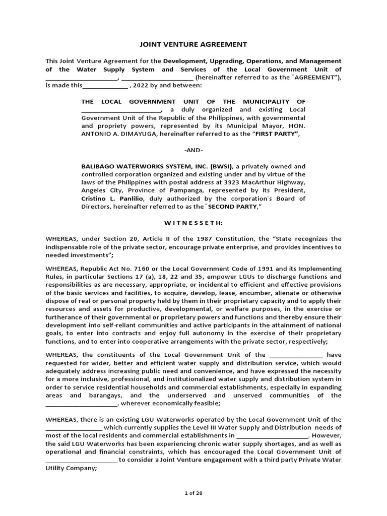Joint Venture Agreement - BWSI and LGU 30 August 2022 | PDF | Water Supply | Joint Venture