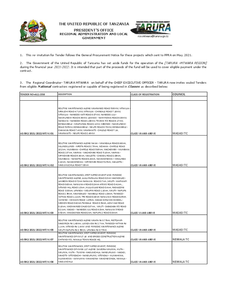 Tanzania Road Maintenance Tenders | PDF | Infrastructure | Business