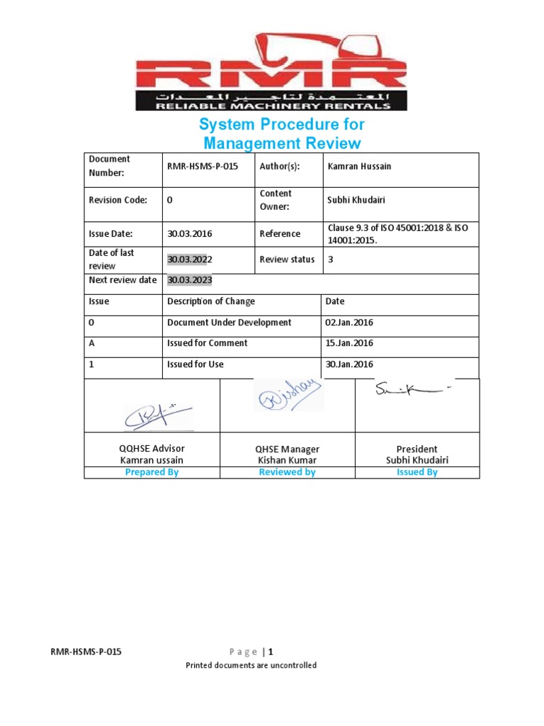 RMR HSMS P 015 Management Review | PDF | Audit | Business