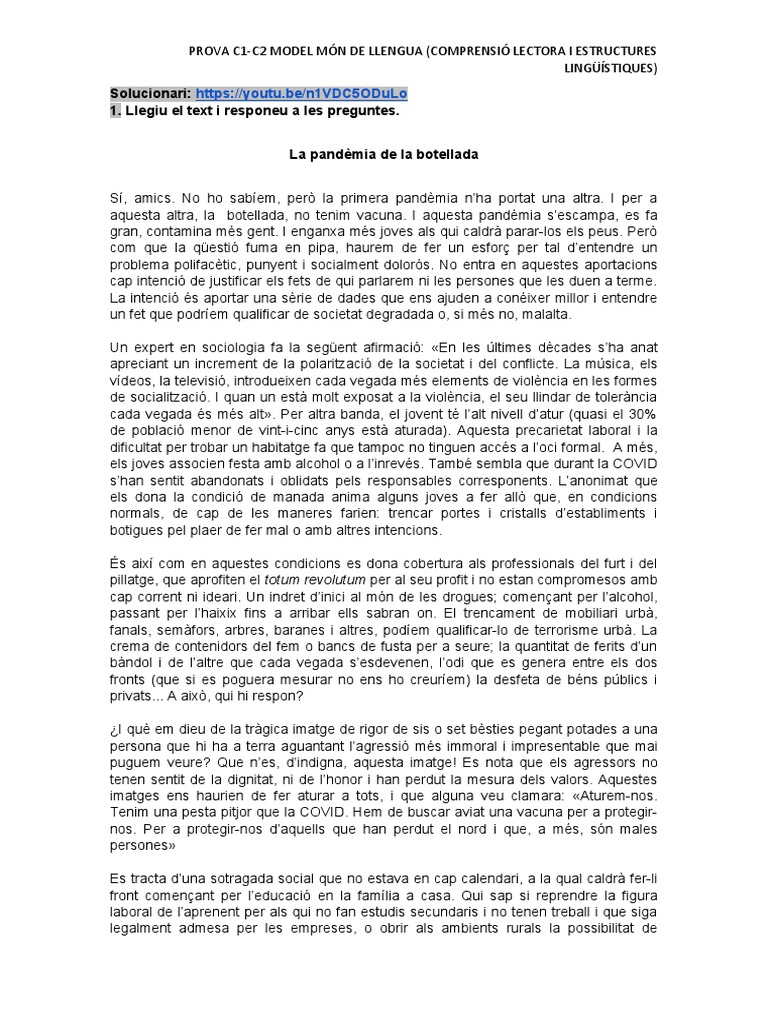 Prova C1-C2 Model Món de Llengua (Comprensió Lectora I Estructures Lingüístiques) | PDF