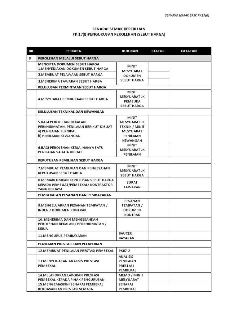 PK17B Senarai Semak Keperluan Perolehan Sebut Harga | PDF