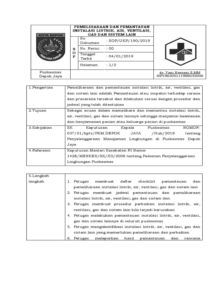 Sop Pemeliharaan Dan Pemantauan Instalasi Listrik, Air, Ventilasi, Gas Dan Sistem Lain | PDF