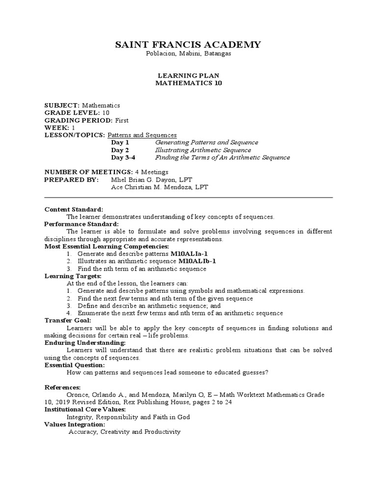 QUARTER-1-EFDT - MATH 10 Learning-Plan | PDF | Learning | Summation