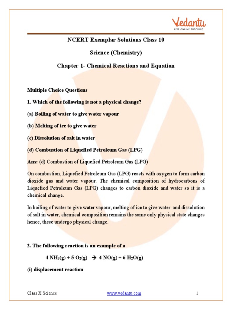 NCERT Exemplar For Class 10 Science Chapter 1 | PDF | Chemical ...