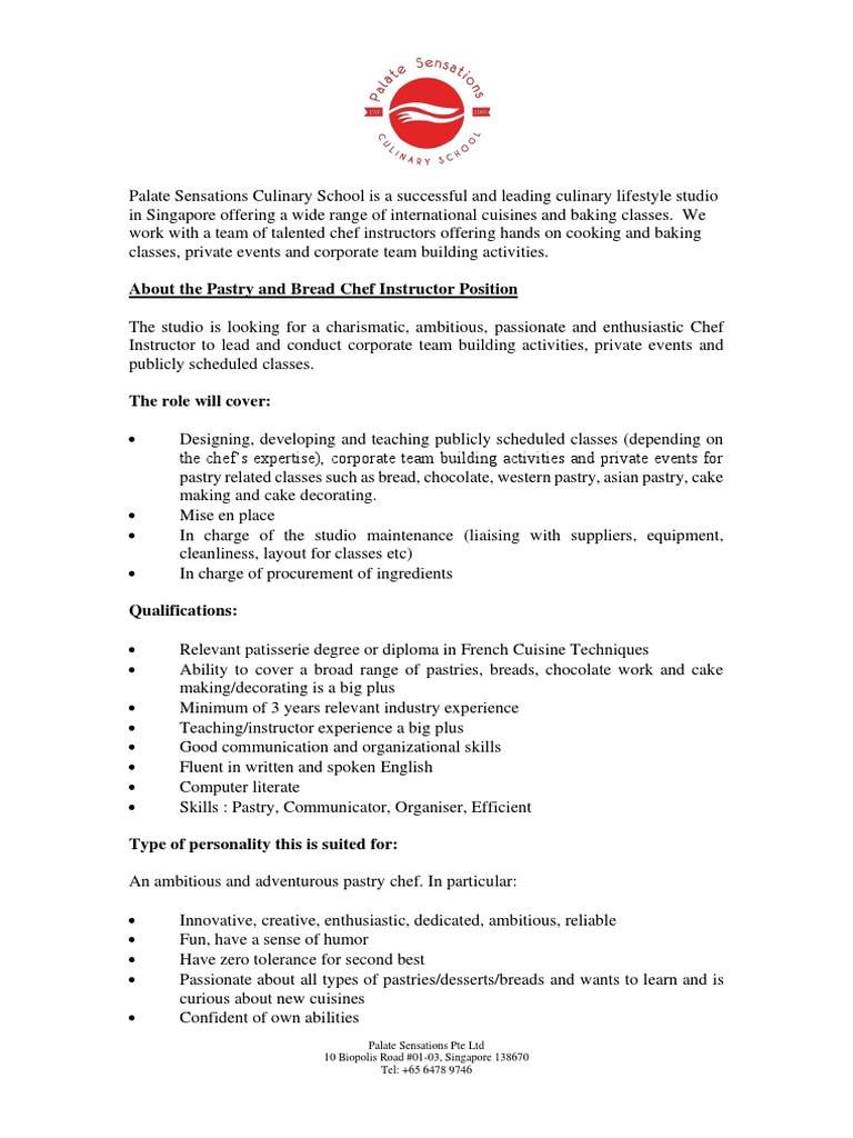 Pastry Chef Instructor Job Singapore | PDF | Chef | Cakes