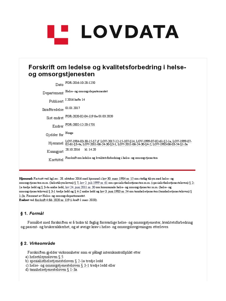 Forskrift Om Ledelse Og Kvalitetsforbedring I Helse - Og Omsorgstjenesten - Lovdata | PDF