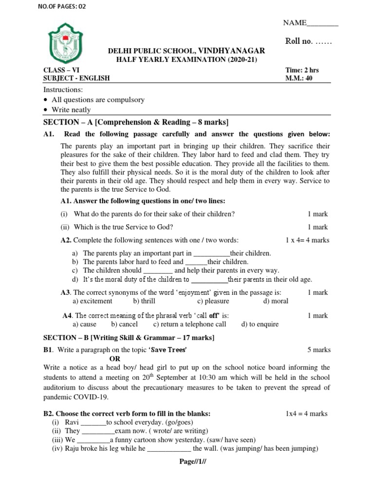 6th Class English Qp Sa1 Pdf Linguistics Grammar