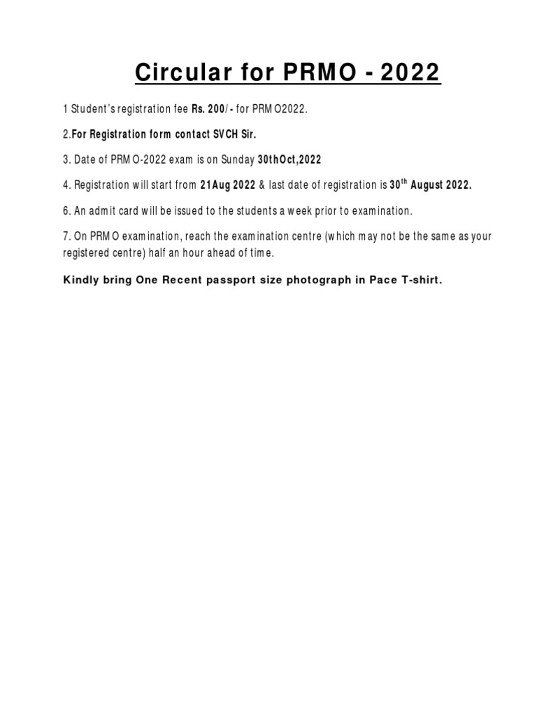 PRMO 2022 Registration Details and Exam Info | PDF