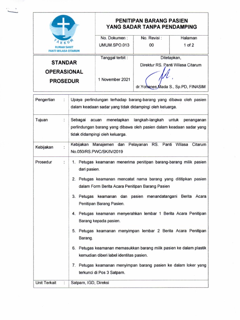 Spo 013 Penitipan Barang Pasien Sadar | PDF
