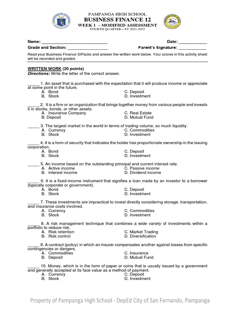 Q4 BUSINESS FINANCE Modified Assessment Weeks 1 4 | PDF | Investing ...