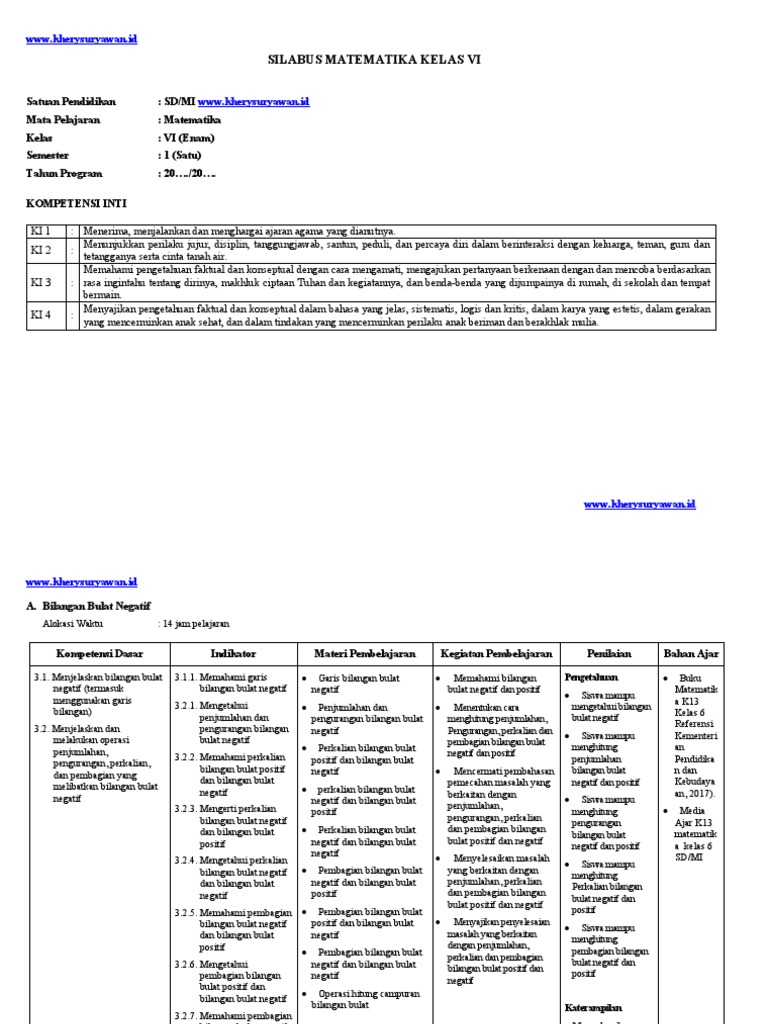 SILABUS MTK KELAS 6 SEM 1 (WWW - Kherysuryawan.id) | PDF | Metode & Bahan Ajar