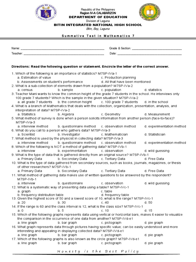 Math 7 4th Grading Periodical Exam | PDF | Statistics | Chart