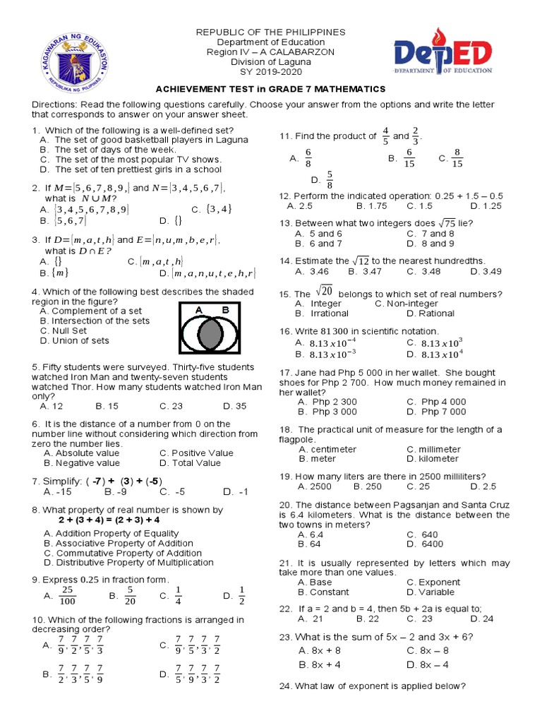 Grade 7 Mathematics Achievement Test | PDF | Mathematics | Mathematical ...