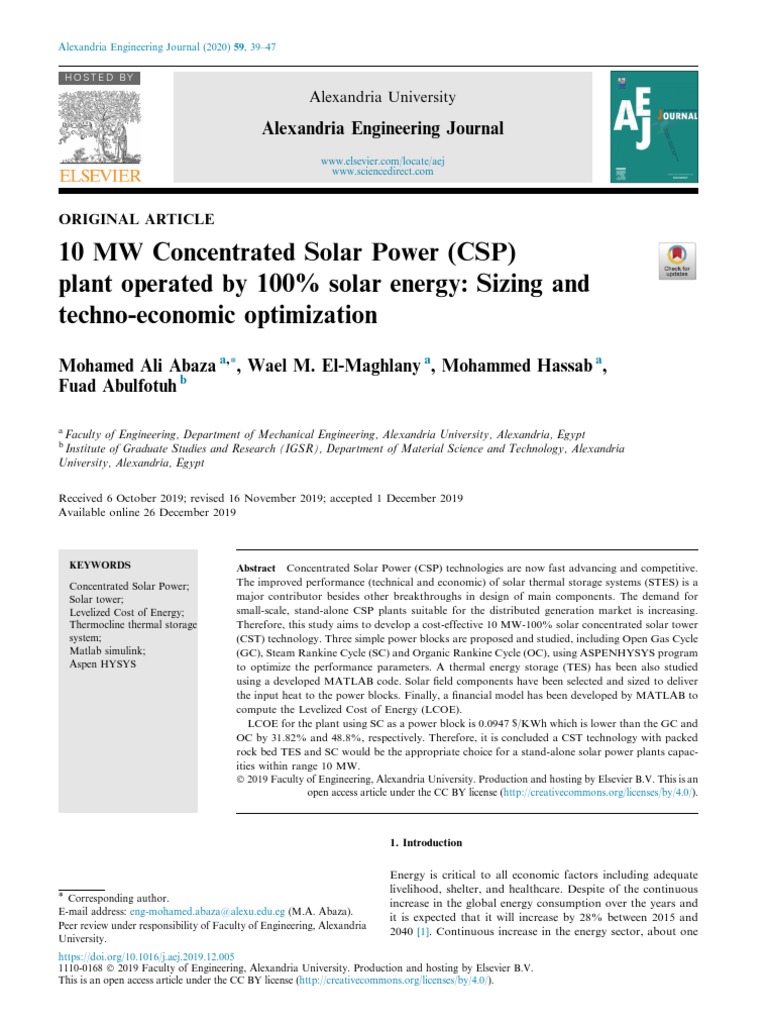 Abaza Et Al. - 2020 - 10 MW Concentrated Solar Power (CSP) Plant ...