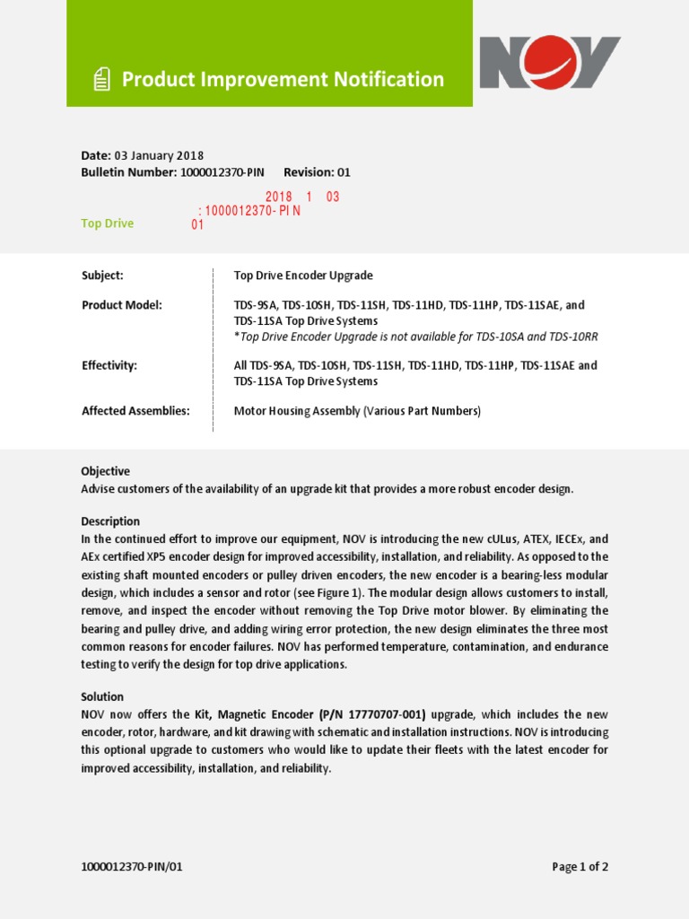Top Drive Encoder Upgrade Notice | PDF | Reliability Engineering ...