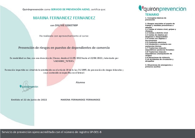 Certificado PRL | PDF | Ciencias de la Salud | Seguridad y salud ocupacional
